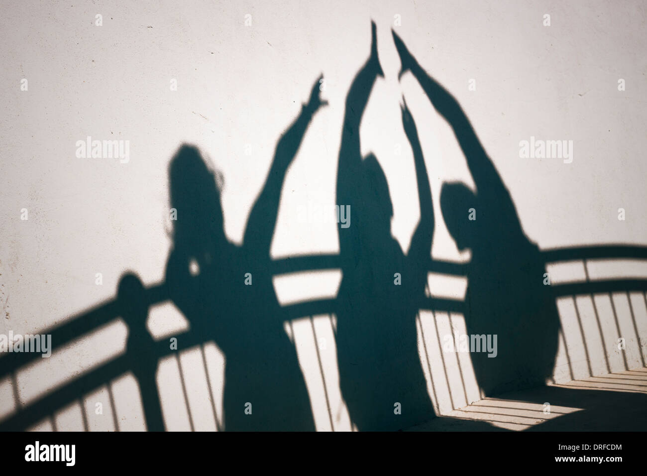 Creative photo of happy people shadows on white wall gesturing high ...