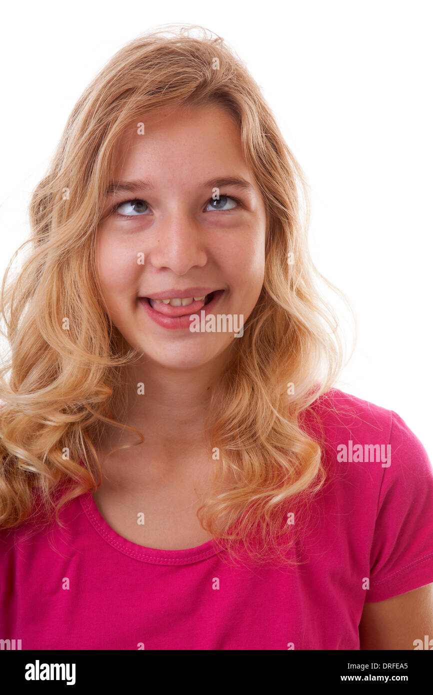 girl makes funny face in closeup over white background Stock Photo - Alamy