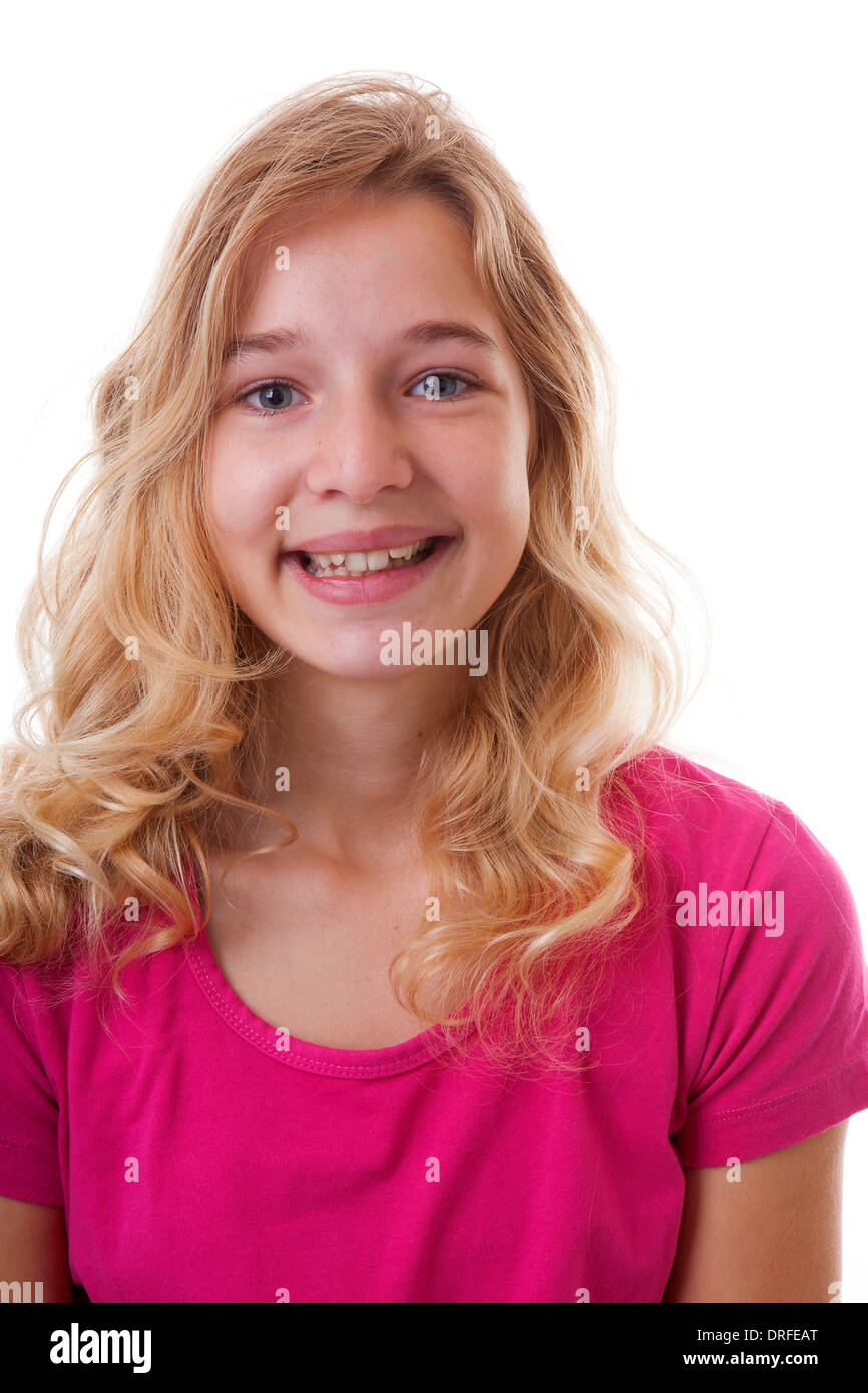 Teenager is smiling into camera over white background Stock Photo - Alamy