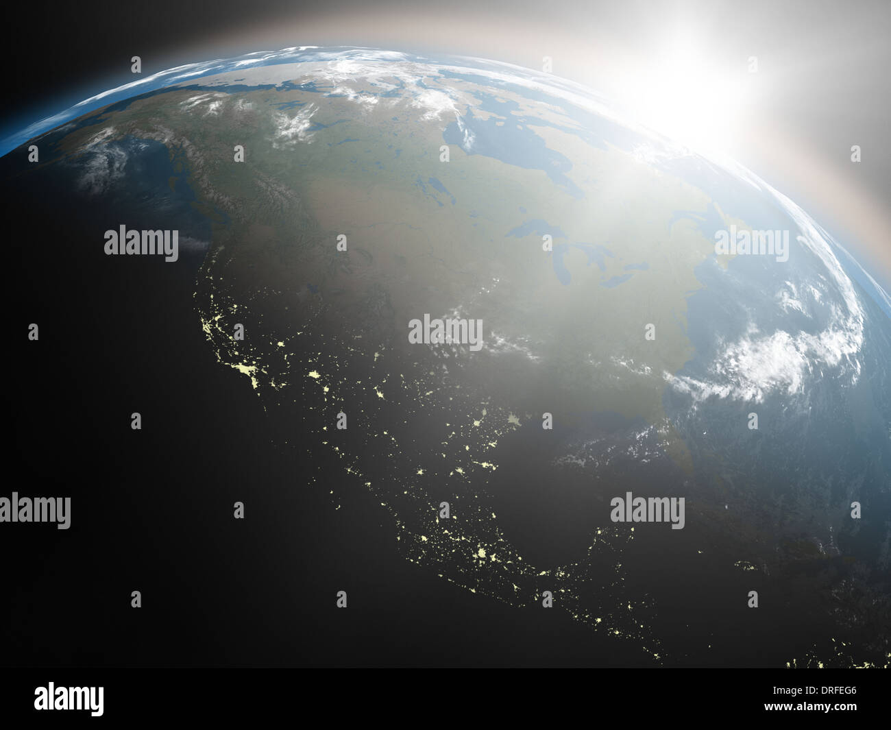 Space view of the sun rising over North America on planet Earth ...