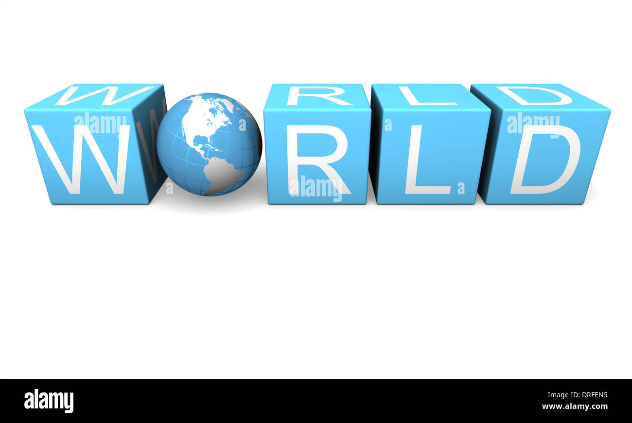 Blue world sign made of cubes and planet isolated on white background ...