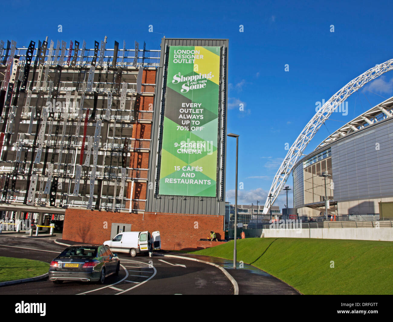 View of Wembley Stadium showing the London Designer Outlet car park ...