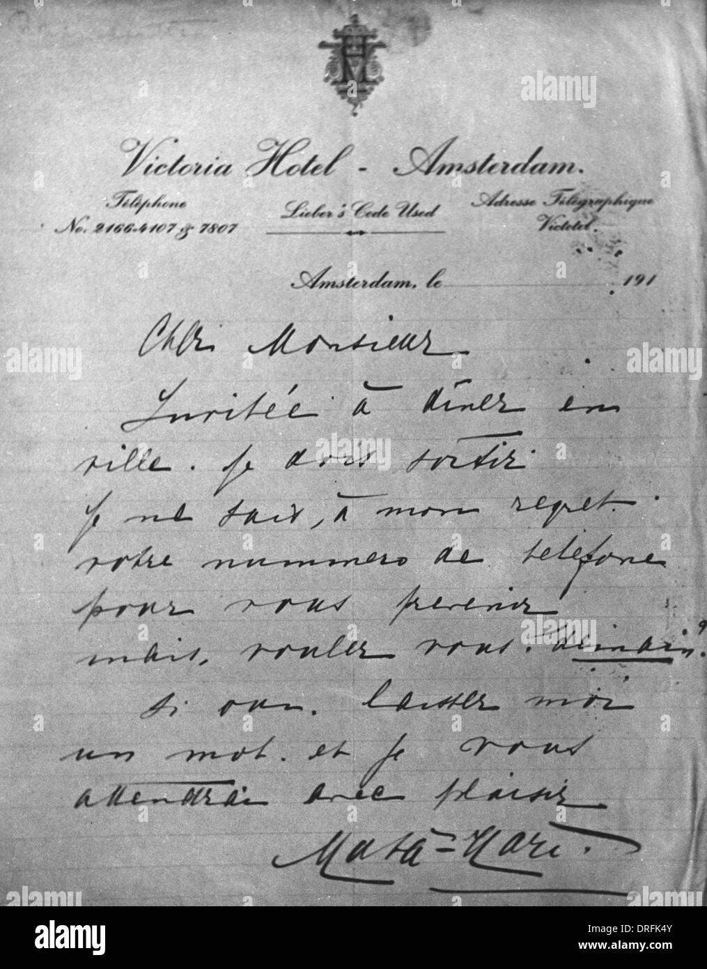 Letter from Mata Hari, dancer, courtesan and possible spy Stock Photo ...