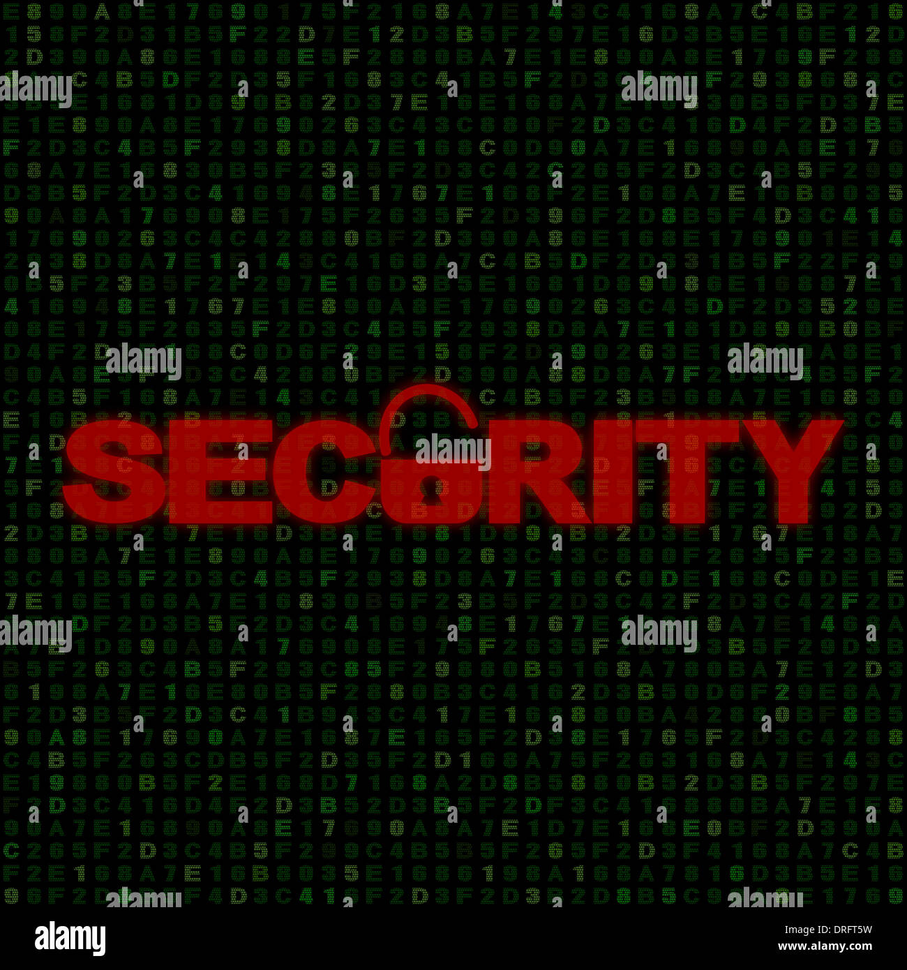 Red Security text with open padlock on hex code illustration Stock ...