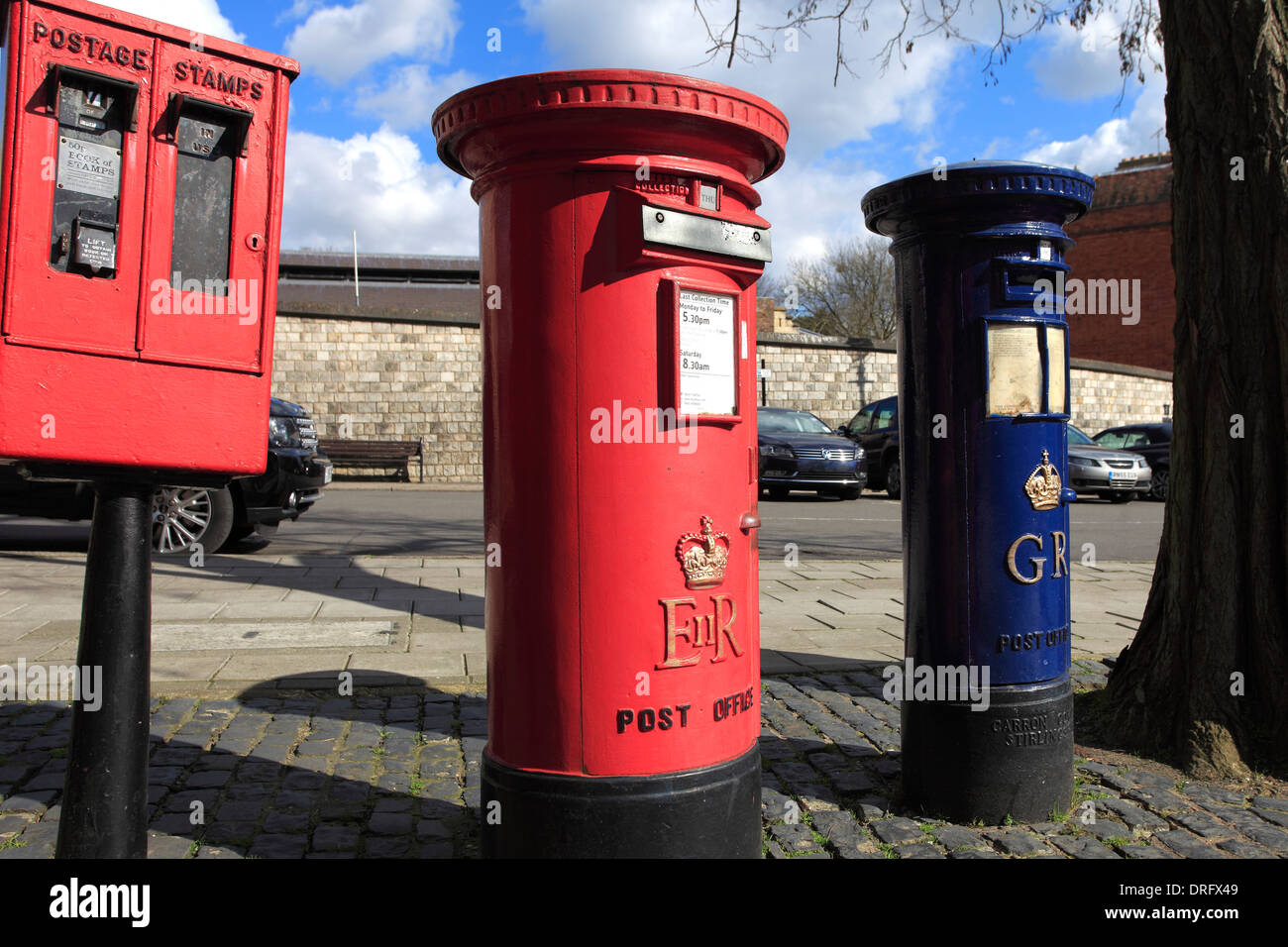 Red and Blue Post boxes in Windsor town, Royal Berkshire County ...