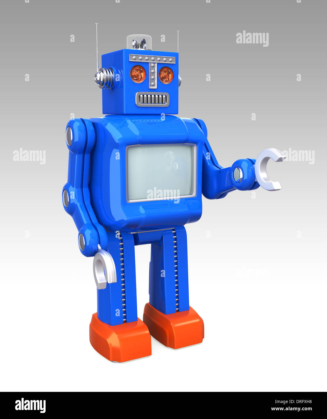 Blue vintage robot with CRT monitor on his body. clipping path included ...