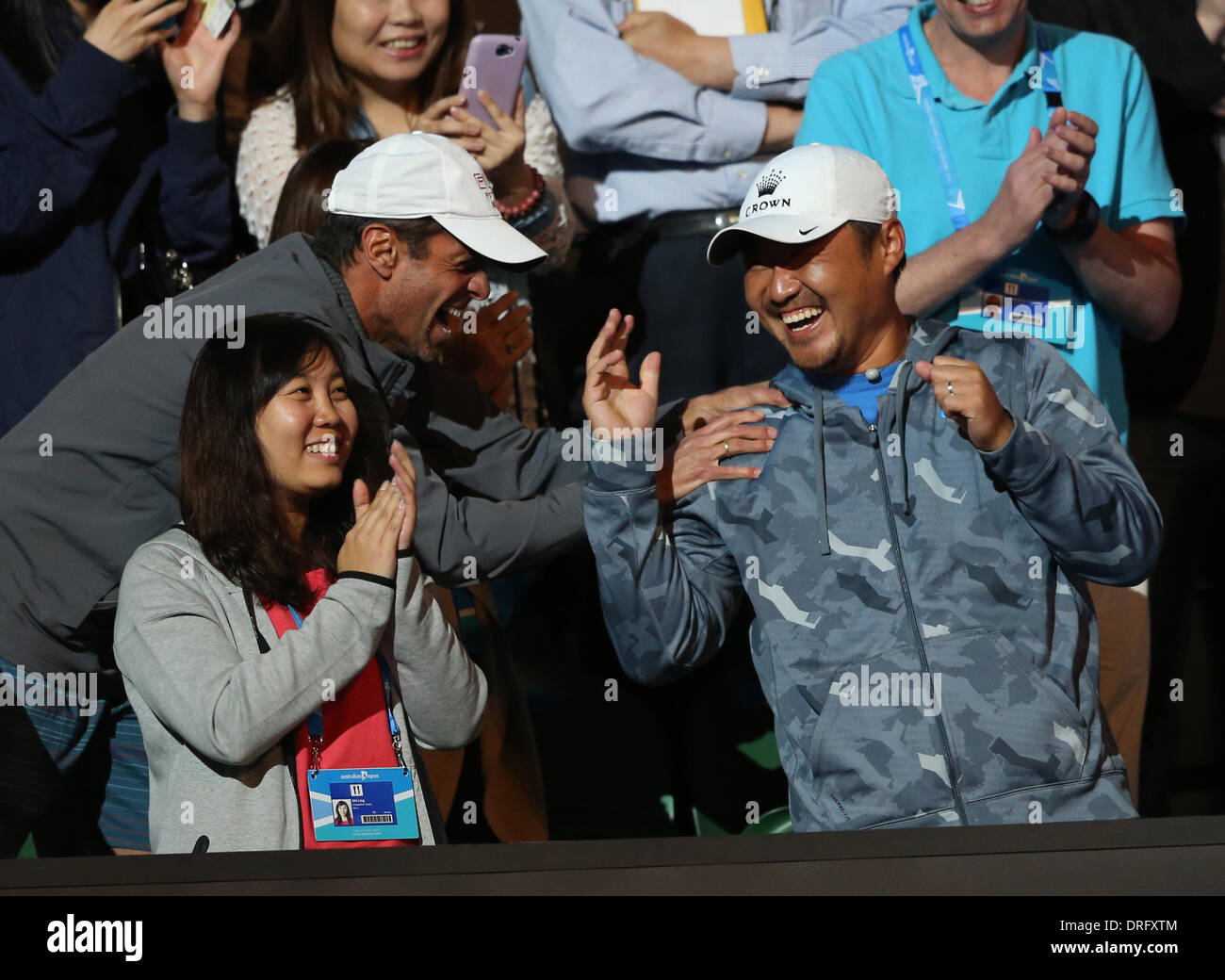 Melbourne, Australia. 25th Jan, 2014. Li Na's husband Jiang Shan (R ...
