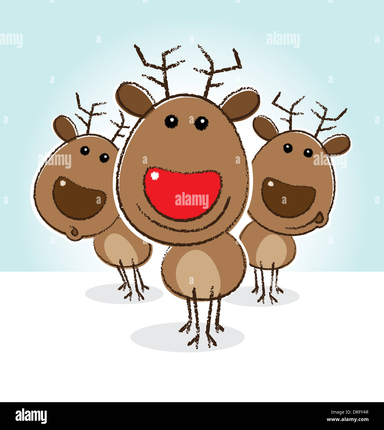 Rudolph the Red Nosed Reindeer Smiling in front of Herd on Snow ...