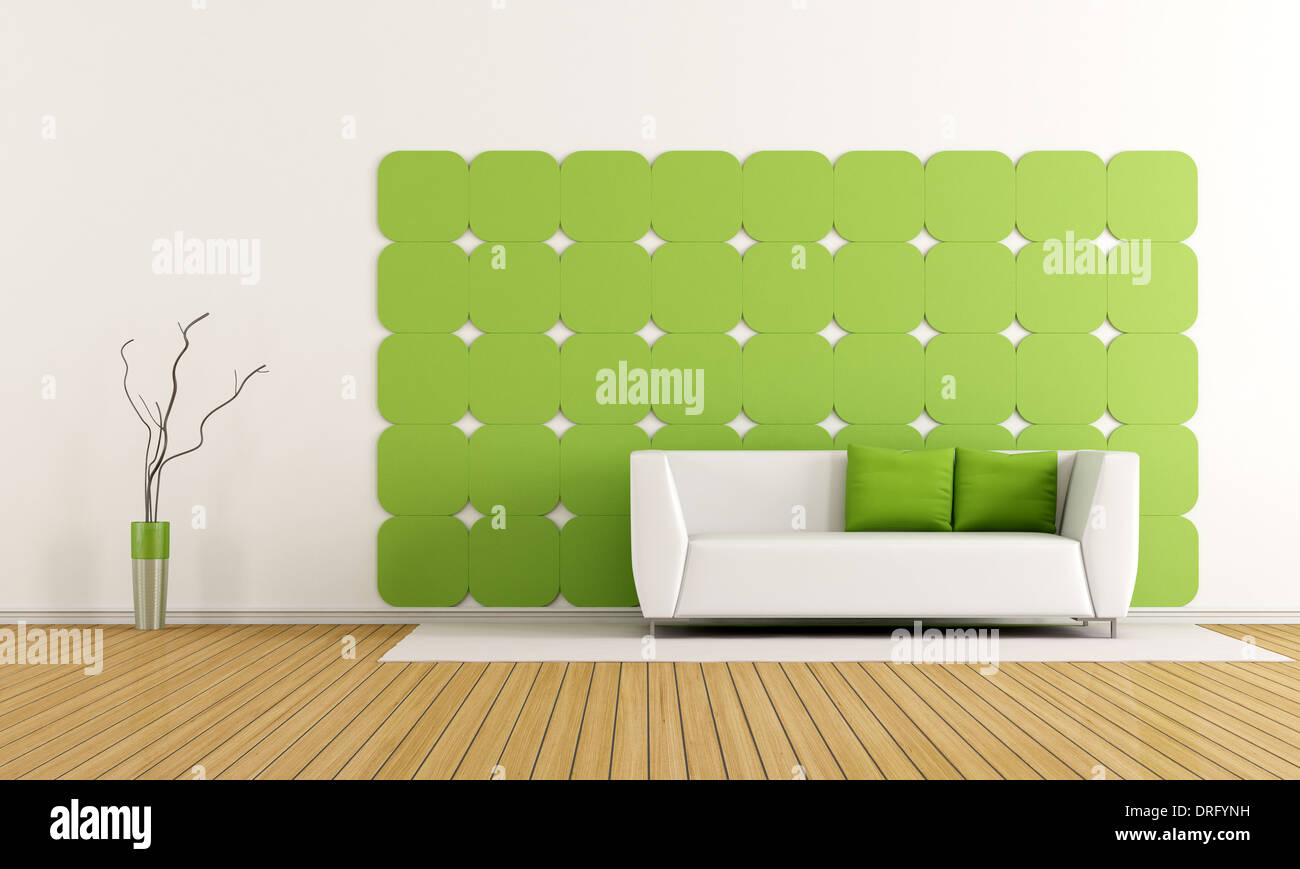 Living room with green gypsum panel on wall and modern sofa - rendering ...