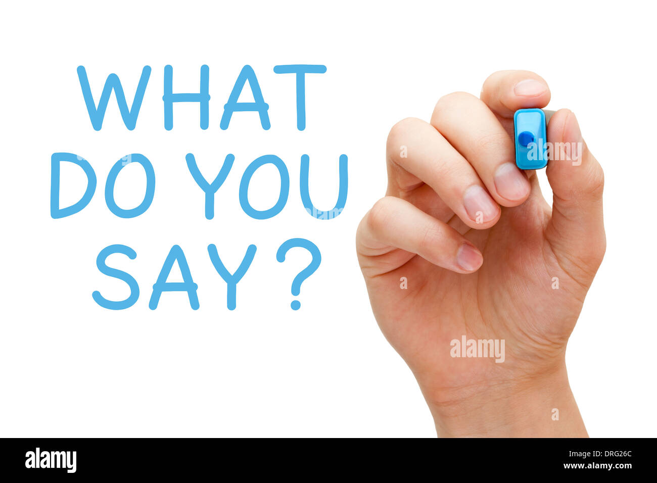 Hand writing What Do You Say with blue marker on transparent wipe board ...