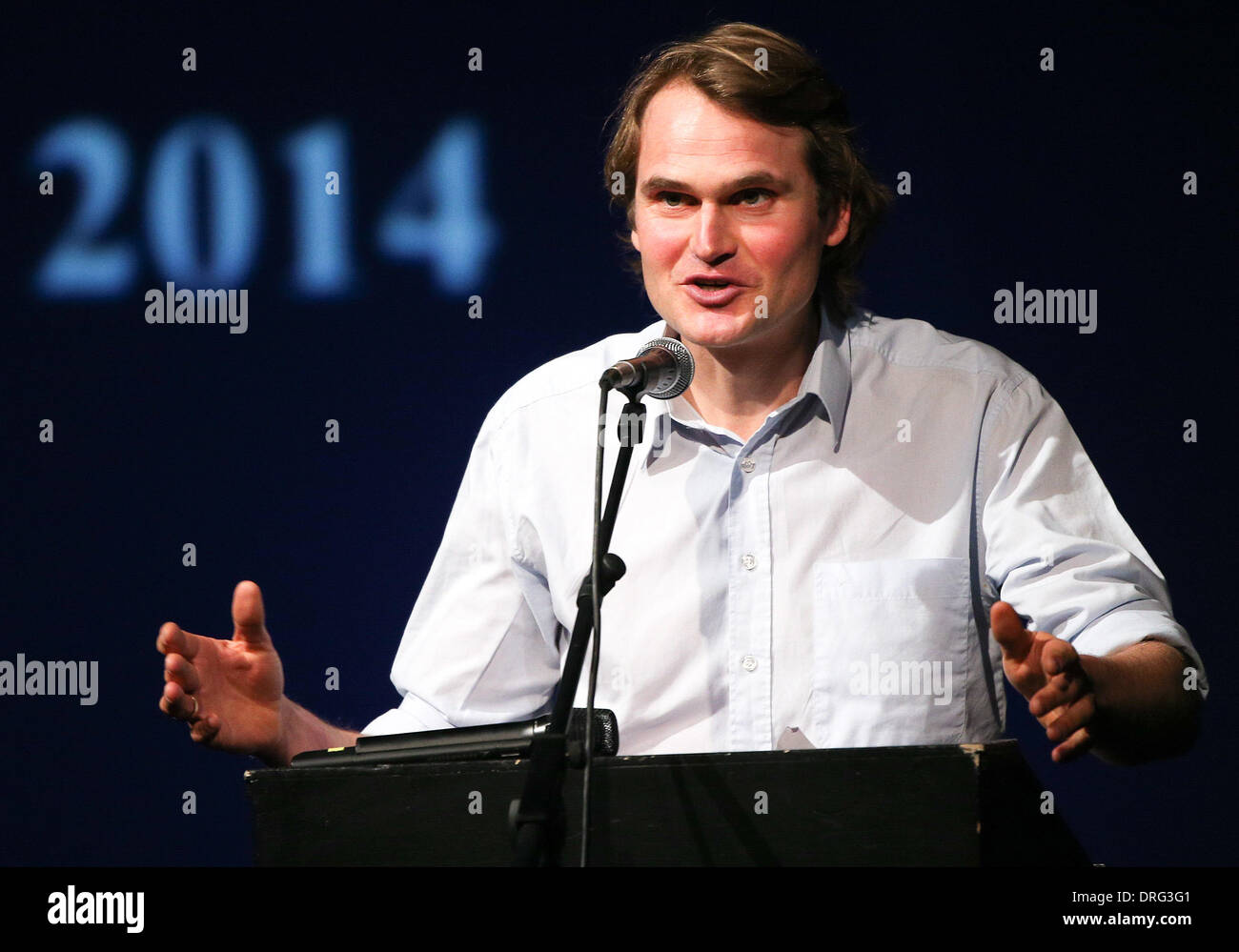 Actor Fabian Hinrichs gives thanks for the Ulrich Wildgruber prize in ...