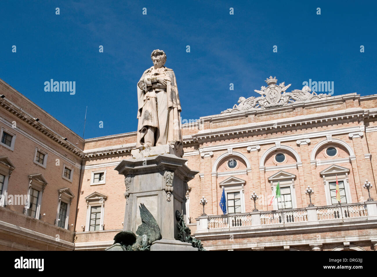 statue of giacomo leopardi and town hall in piazza leopardi, recanati ...