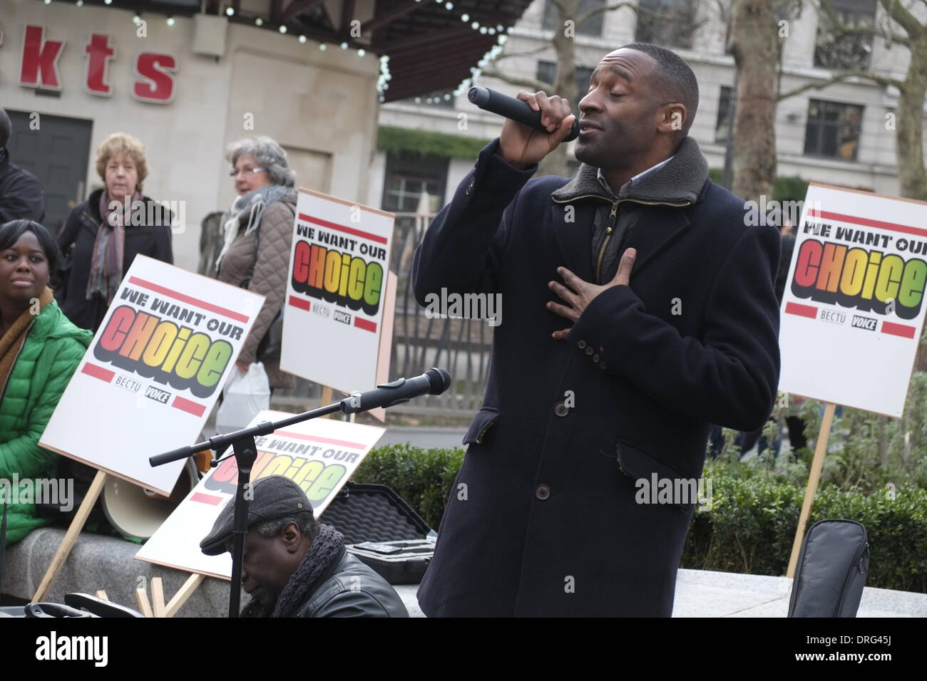 London, UK. 25th January 2014. Musical Protest in Leicester Sq against ...