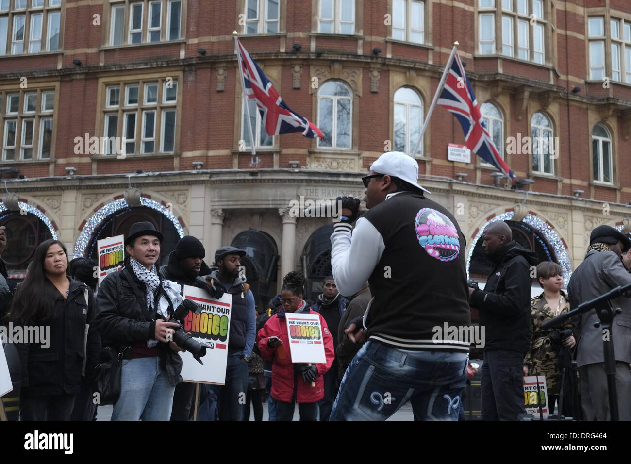 London, UK. 25th January 2014. Musical Protest in Leicester Sq against ...