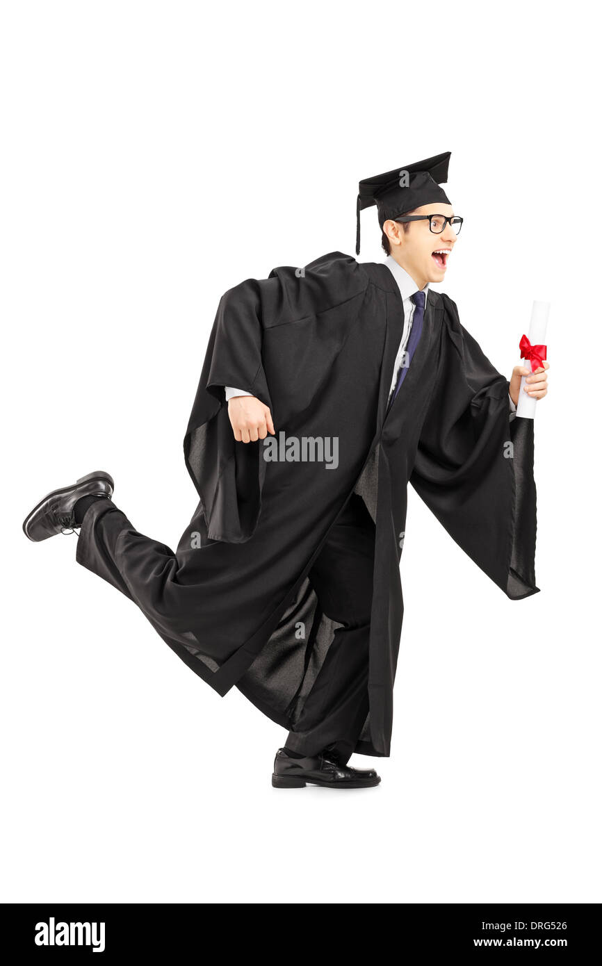 Full length portrait of graduate student running and holding a diploma ...