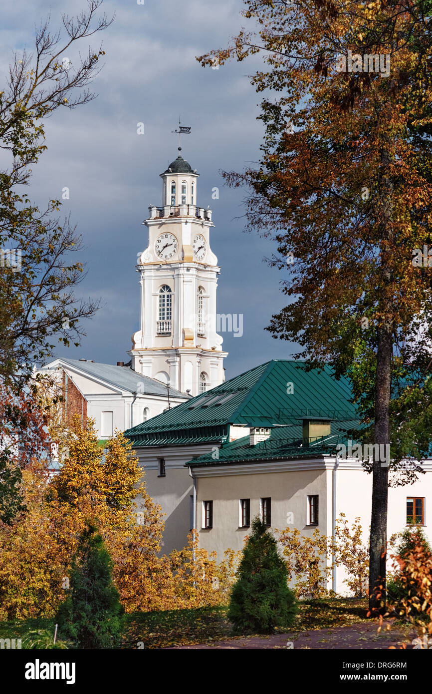 Clock tower on the Building of municipality and the downtown buildings ...