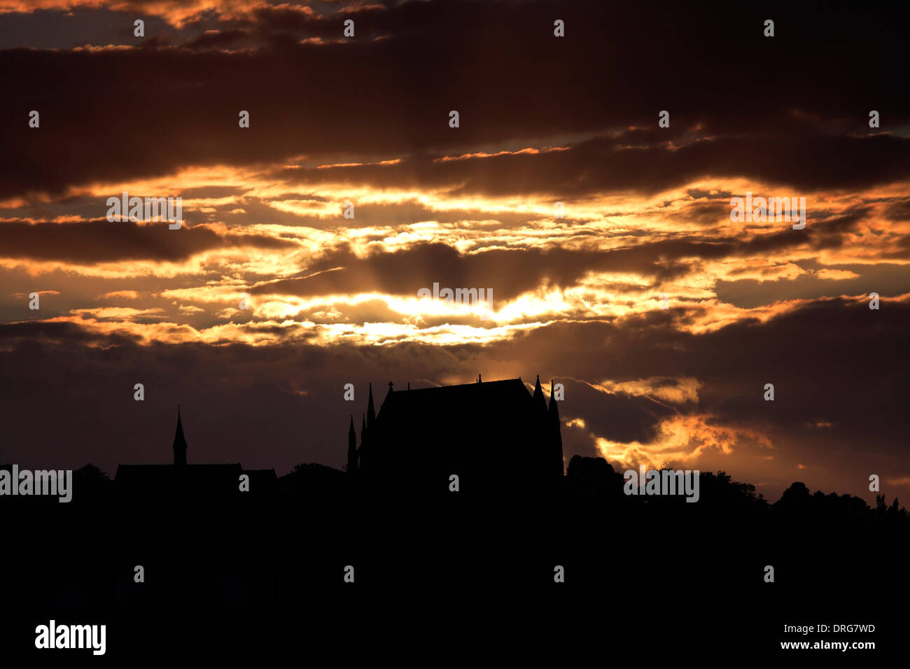 Summer sunset over Lancing College Chapel, Lancing village, South Downs ...