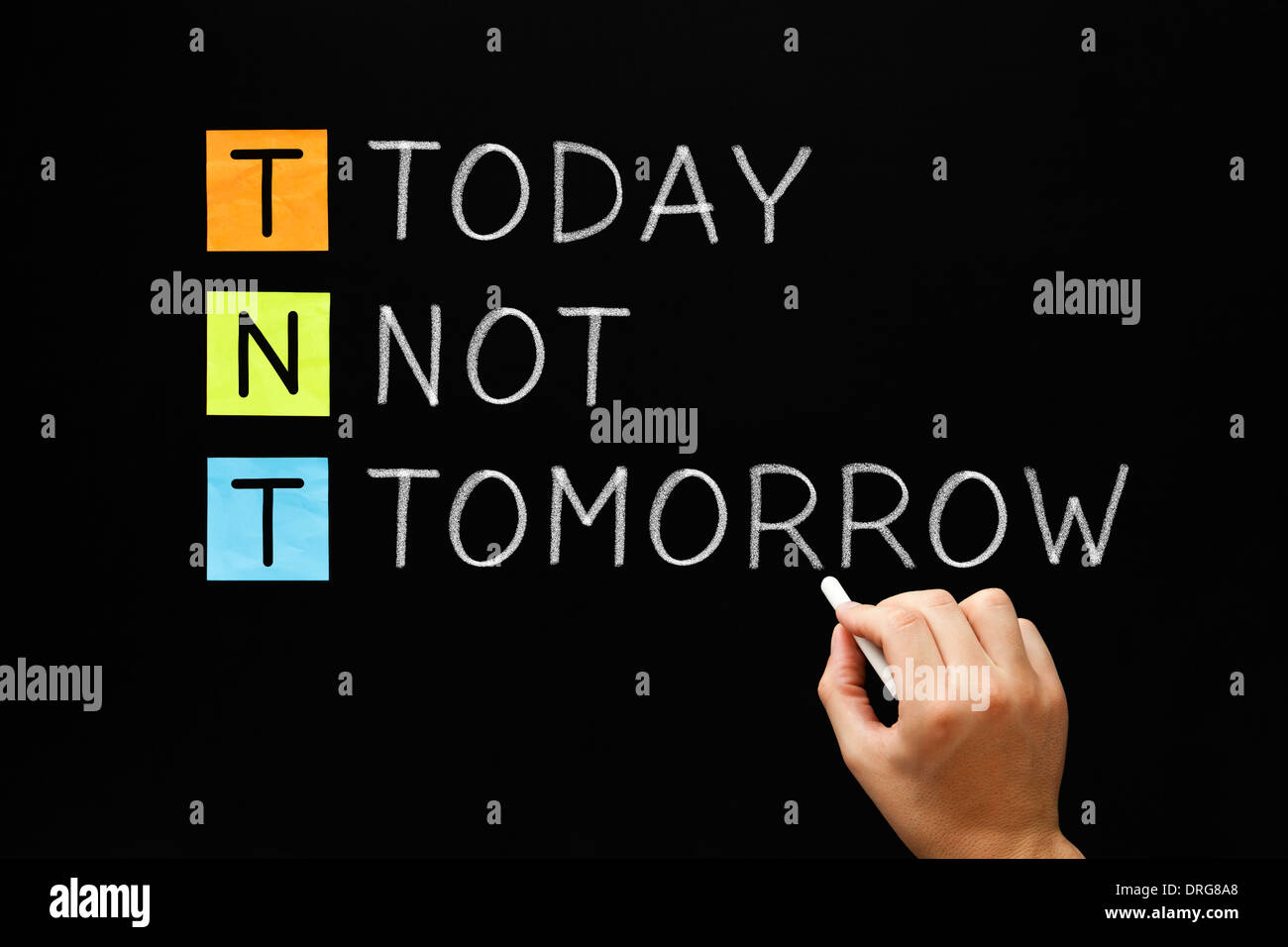 Hand writing Today Not Tomorrow with white chalk on blackboard Stock ...