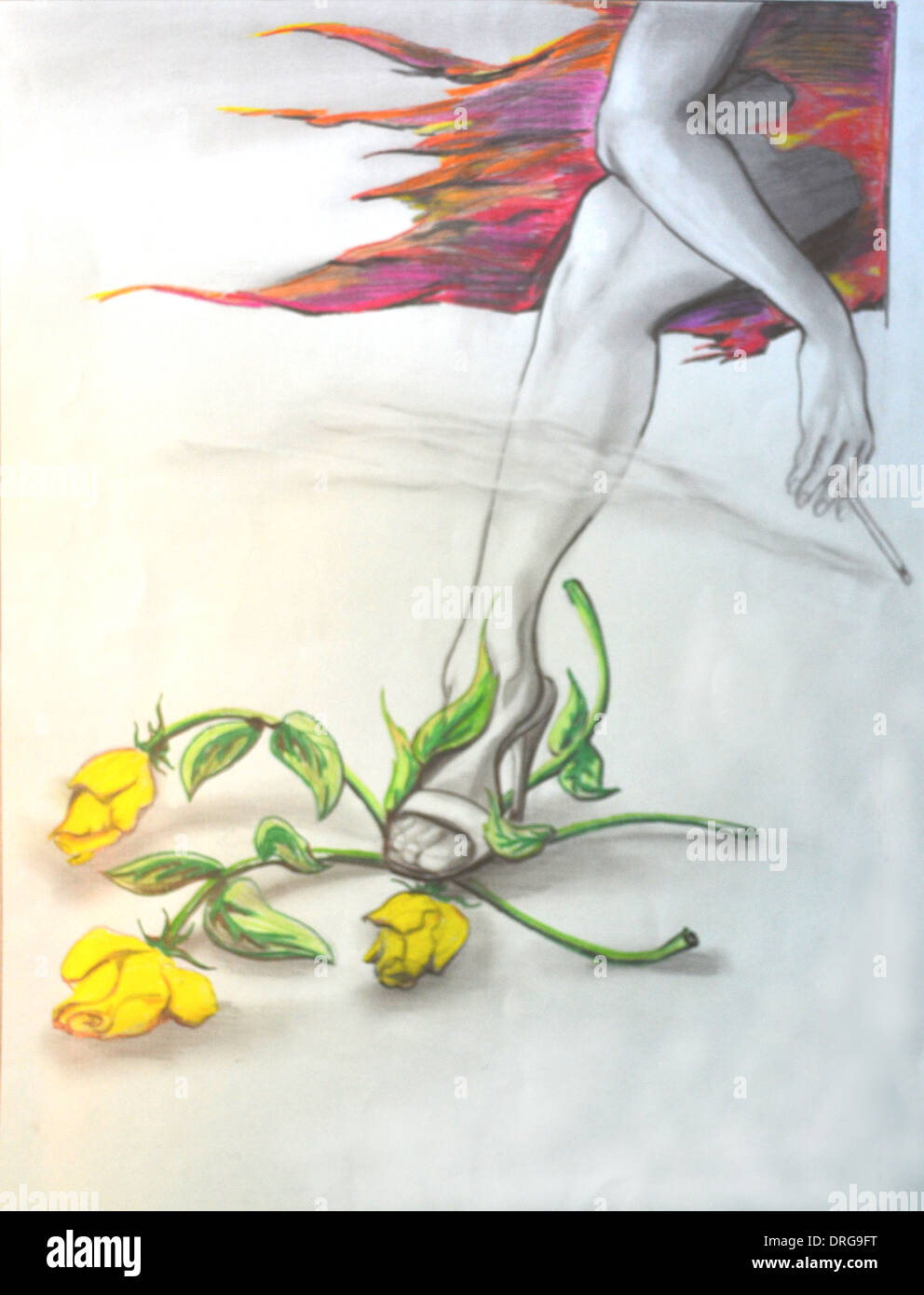 woman with cigarette trampled happiness. pencil drawing Stock Photo - Alamy