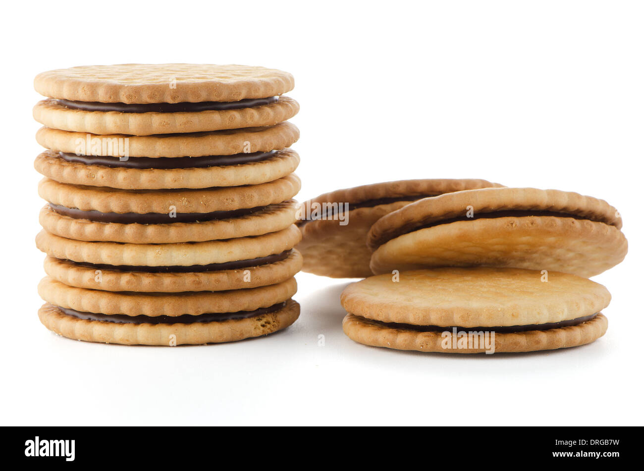 Sandwich biscuits with chocolate filling on a white background Stock ...