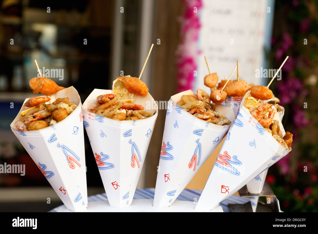 Close Up of Fried Shrimp and Calamari Filled Cones, Riomaggiore ...