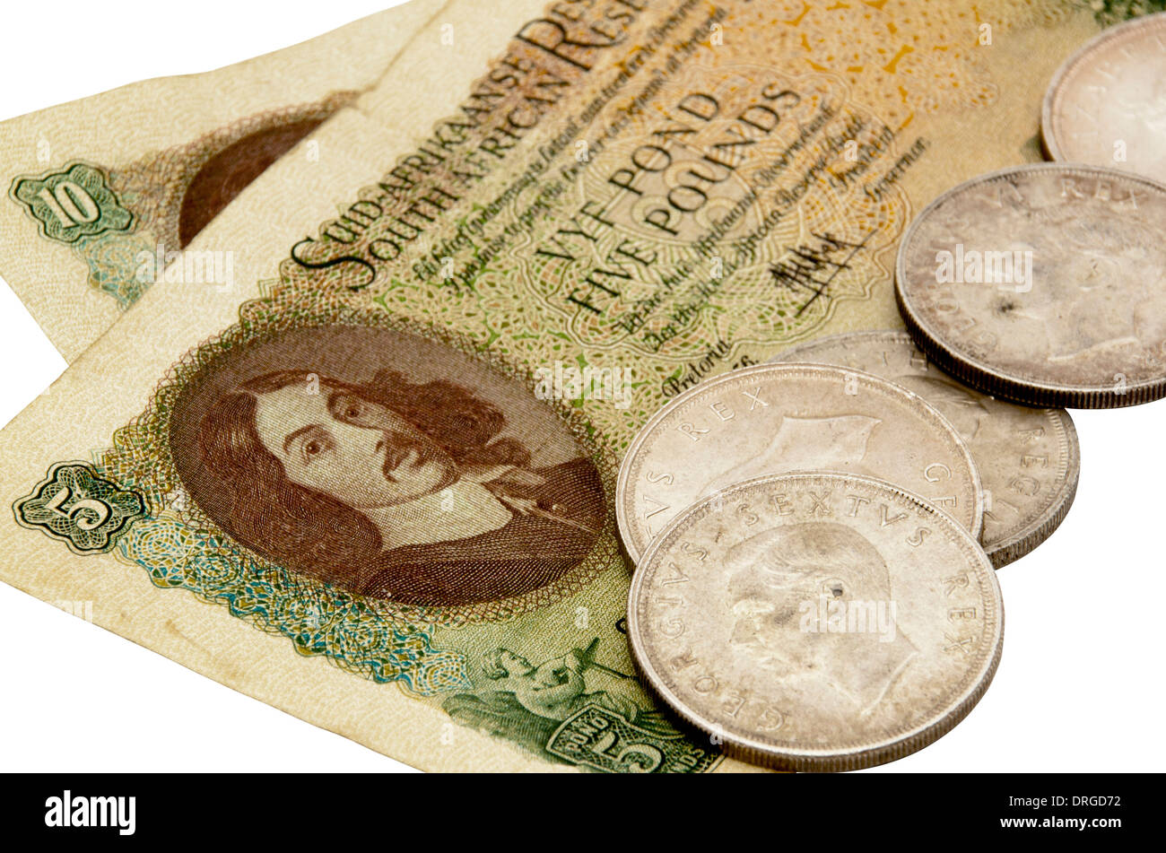 vintage 1956 South African five pound note with five shilling coins ...