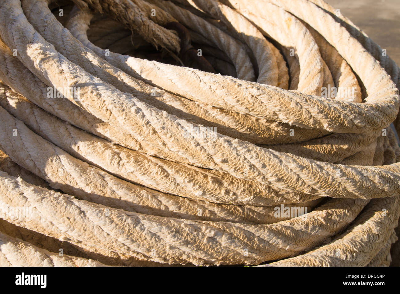 Full frame take of a rolled up old rope Stock Photo - Alamy