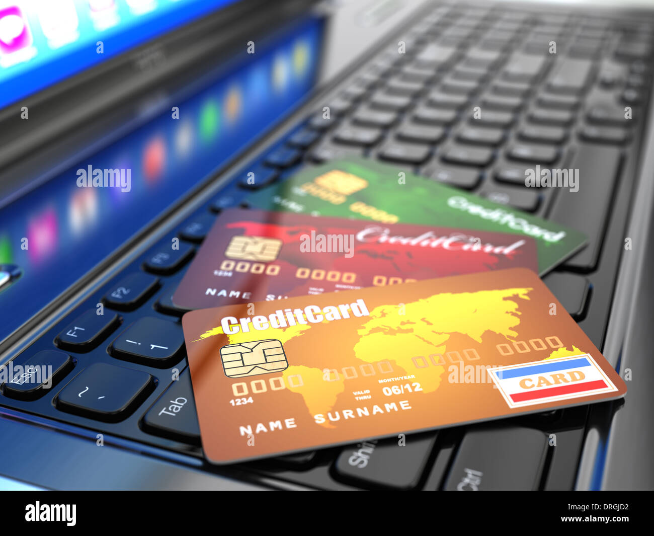 Online purchase. Credit card on laptop keyboard. 3d Stock Photo - Alamy