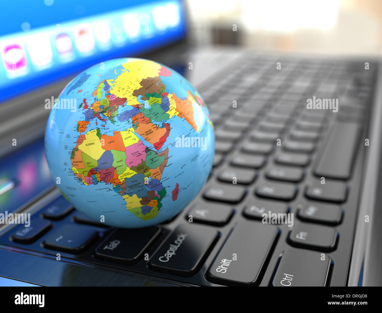 Global communications. Earth on laptop ceyboard. 3d. Political map of ...