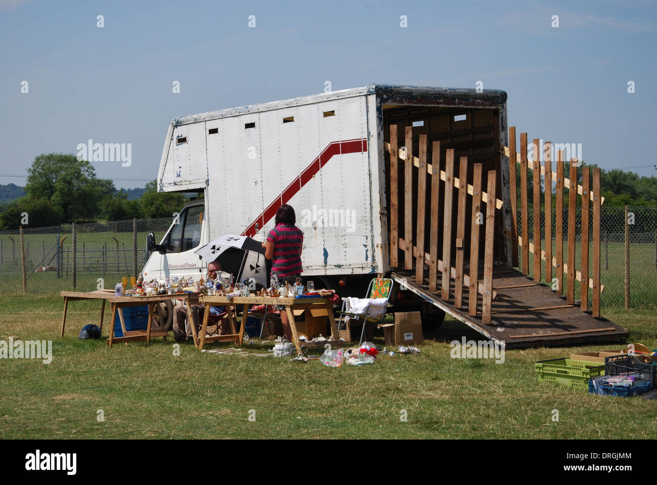 market stall with horse trailer at Cheddar bootsale, United Kingdom ...
