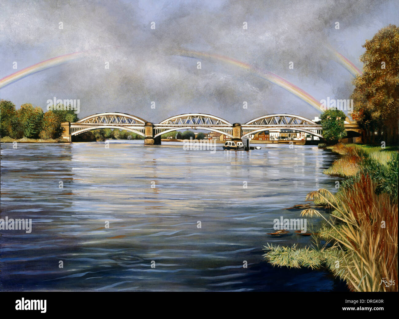 Painted illustration of Barnes railway bridge with a rainbow behind it ...