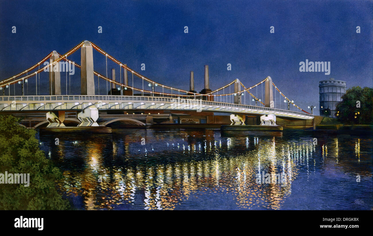 Painted illustration of Chelsea Bridge at night with Battersea Power ...