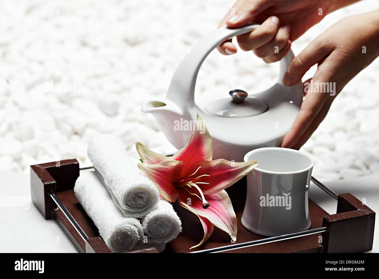 Travel spa details hands tray flower hi-res stock photography and ...