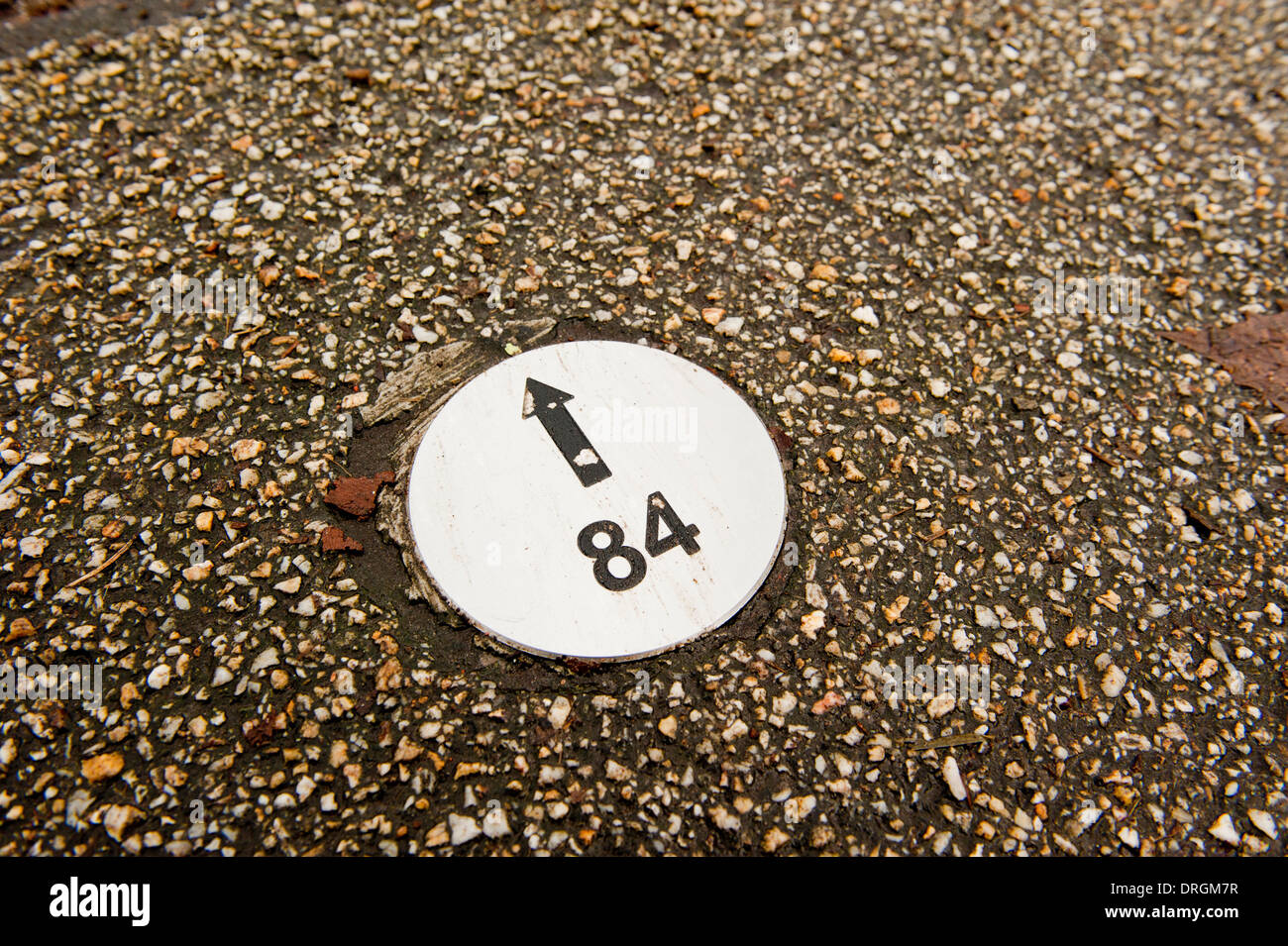 Numbered direction plate with arrow cemented in pavement Stock Photo ...
