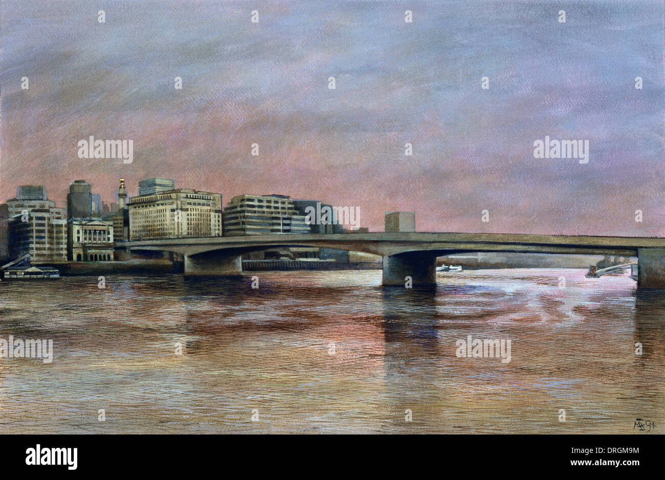 Painted illustration of London Bridge on the river Thames from the ...