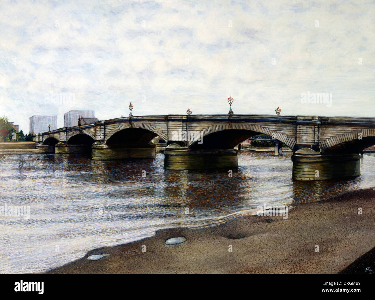 Painting of Putney Bridge, on the river Thames in south London seen ...