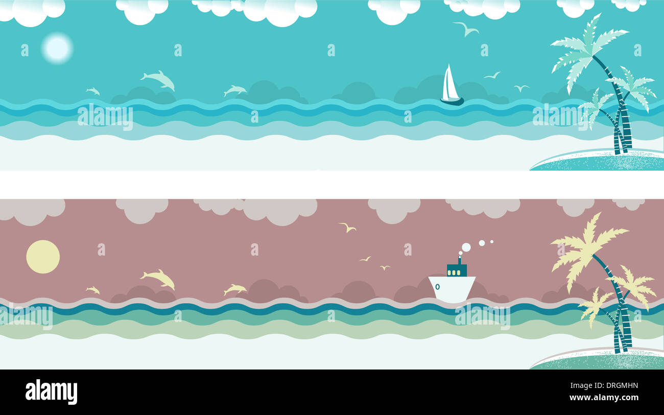 Nature seascape with sea waves and palms on island.Vector banners Stock ...