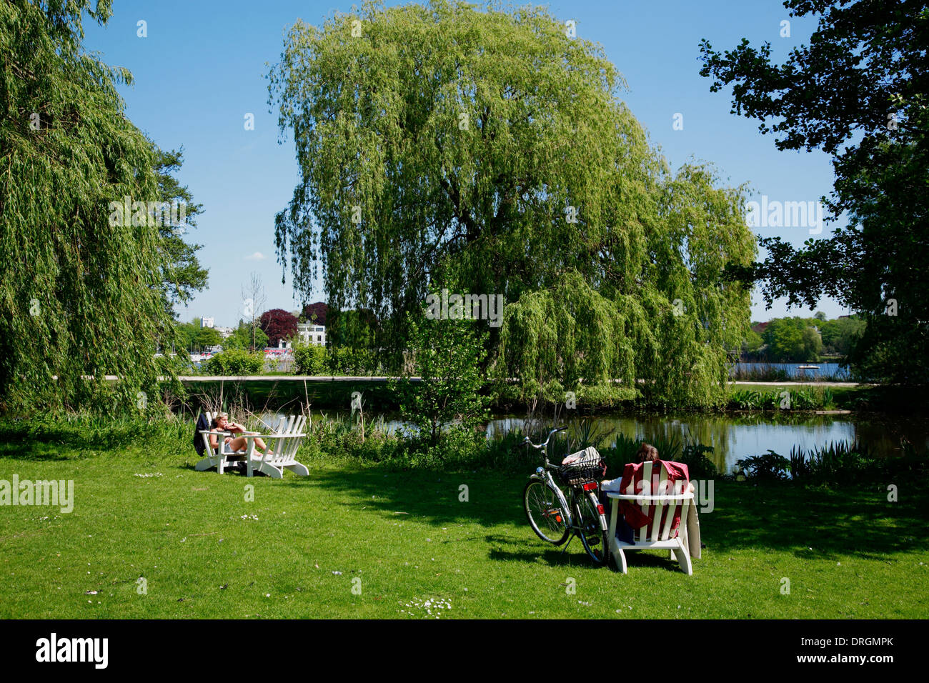 Sunbath in a park at Lake Outer Alster (Aussenalster), Hamburg, Germany ...