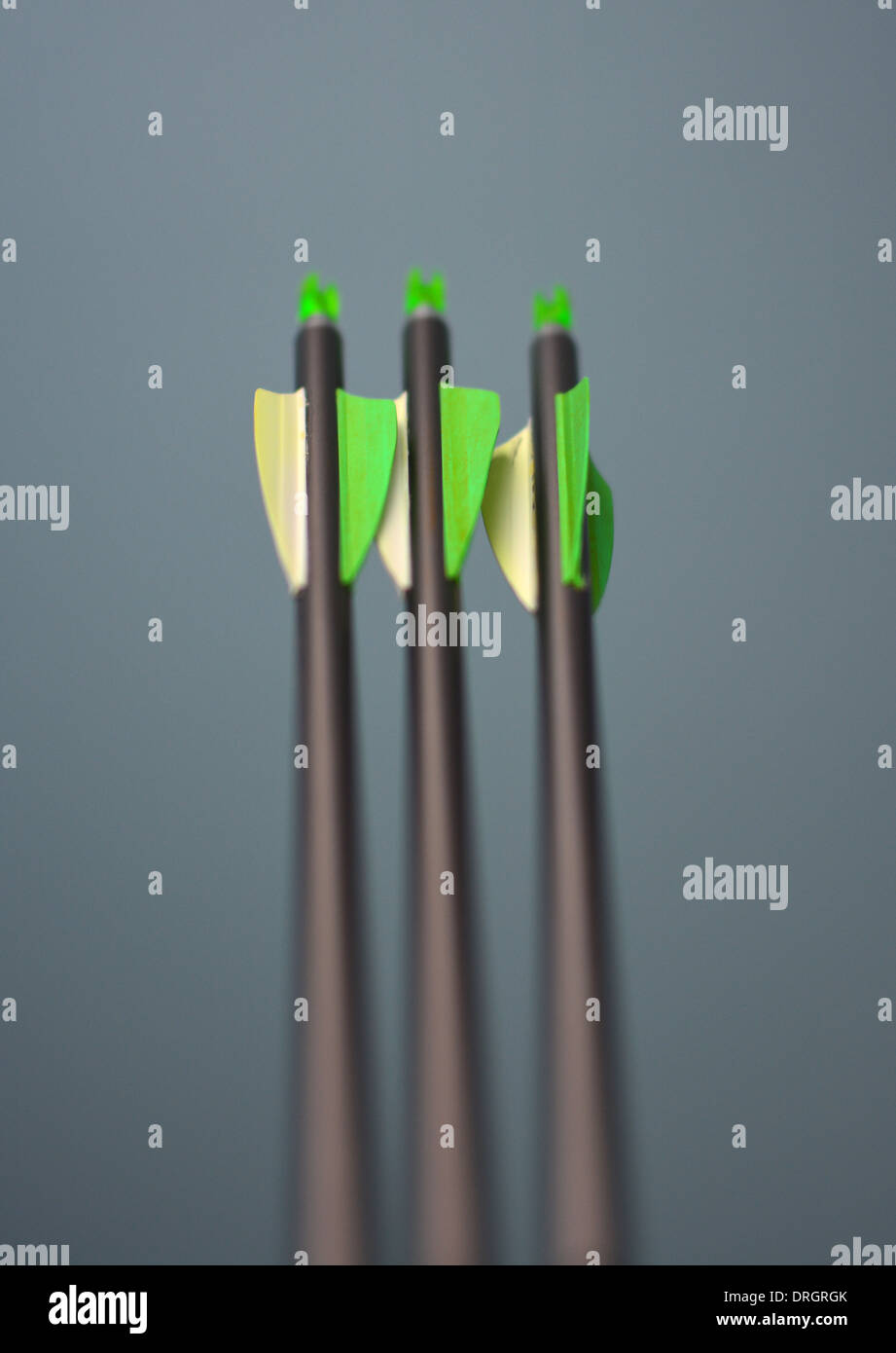 Three archery arrows aiming at the camera with a shallow depth of field ...