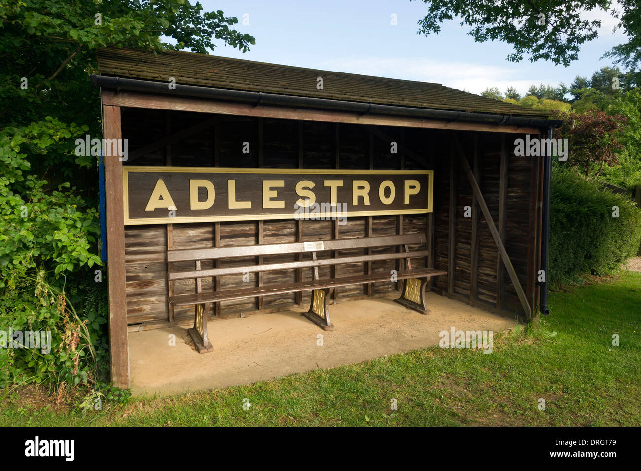 Adlestrop bus shelter Gloucestershire UK containing a GWR bench ...