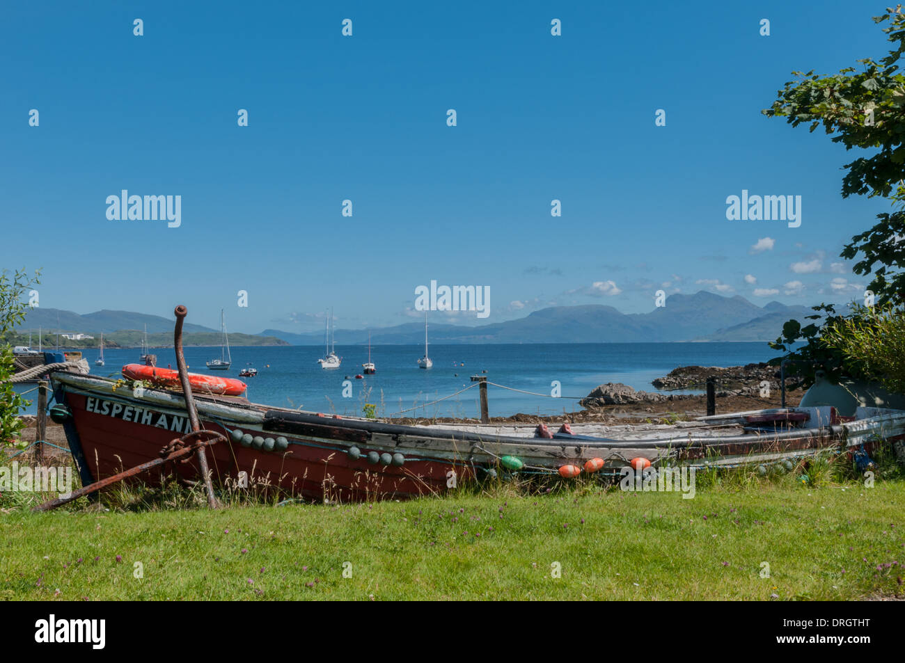 Old boat at Armadale Isle of Skye Highland Scotland looking over Sound ...