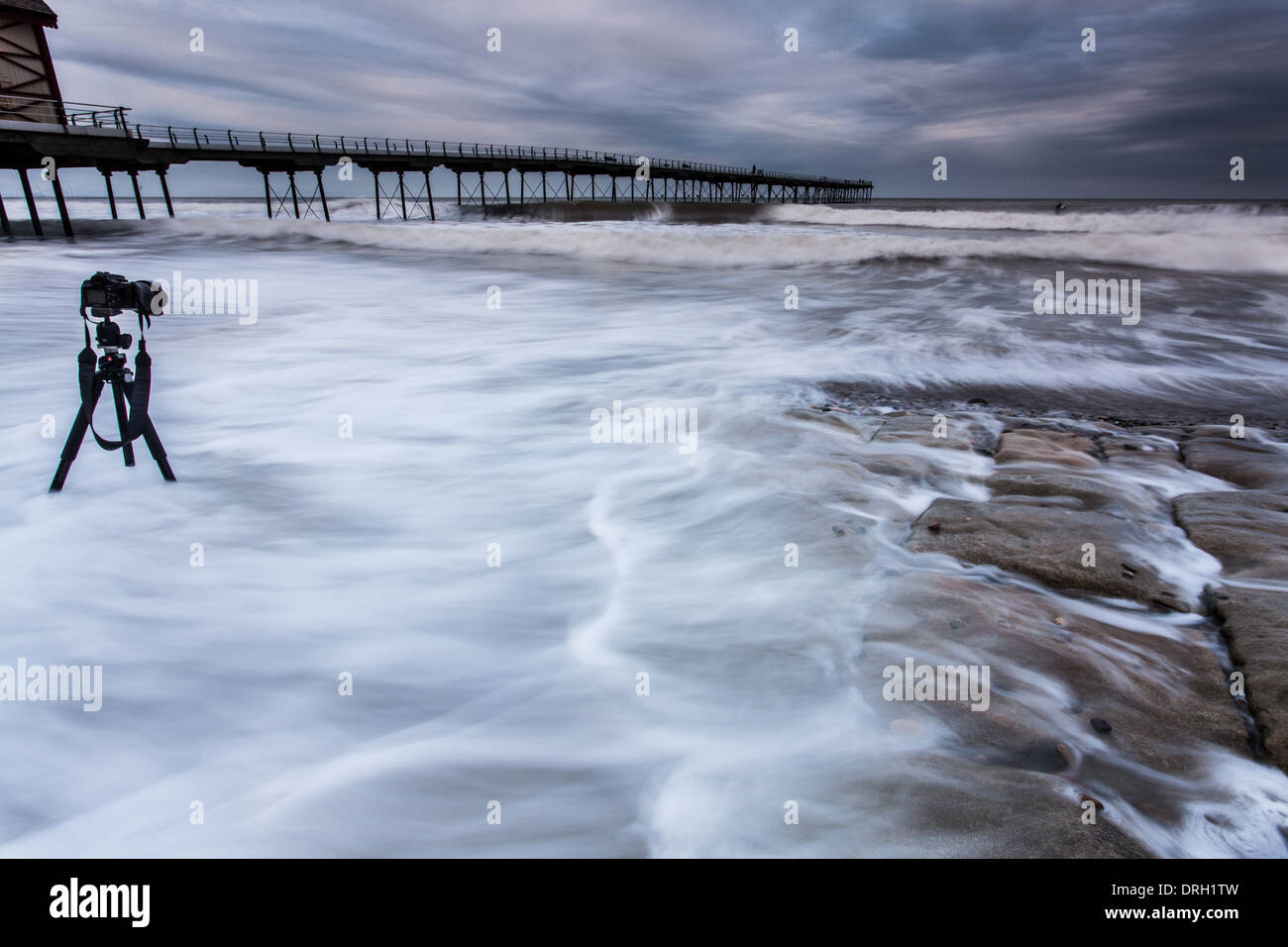 Dawn in Saltburn at High Tide, England Stock Photo - Alamy