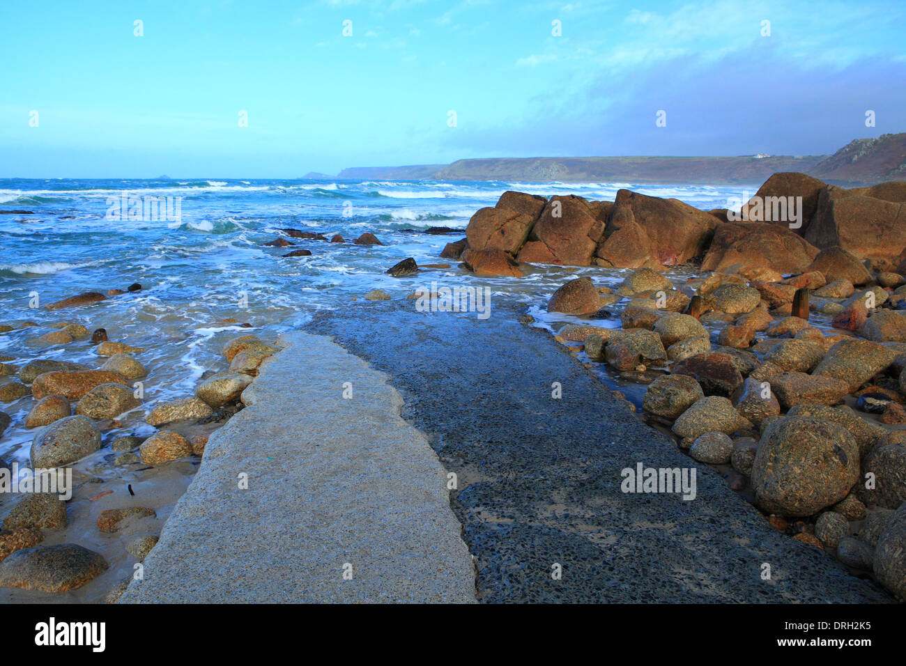 Sennen Cove, view towards Cape Cornwall on a blustery winters day, West ...