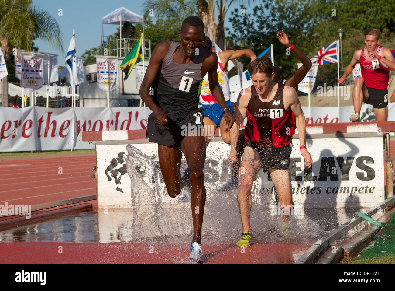 Female athletes at the water jump during a steeplechase race at an ...