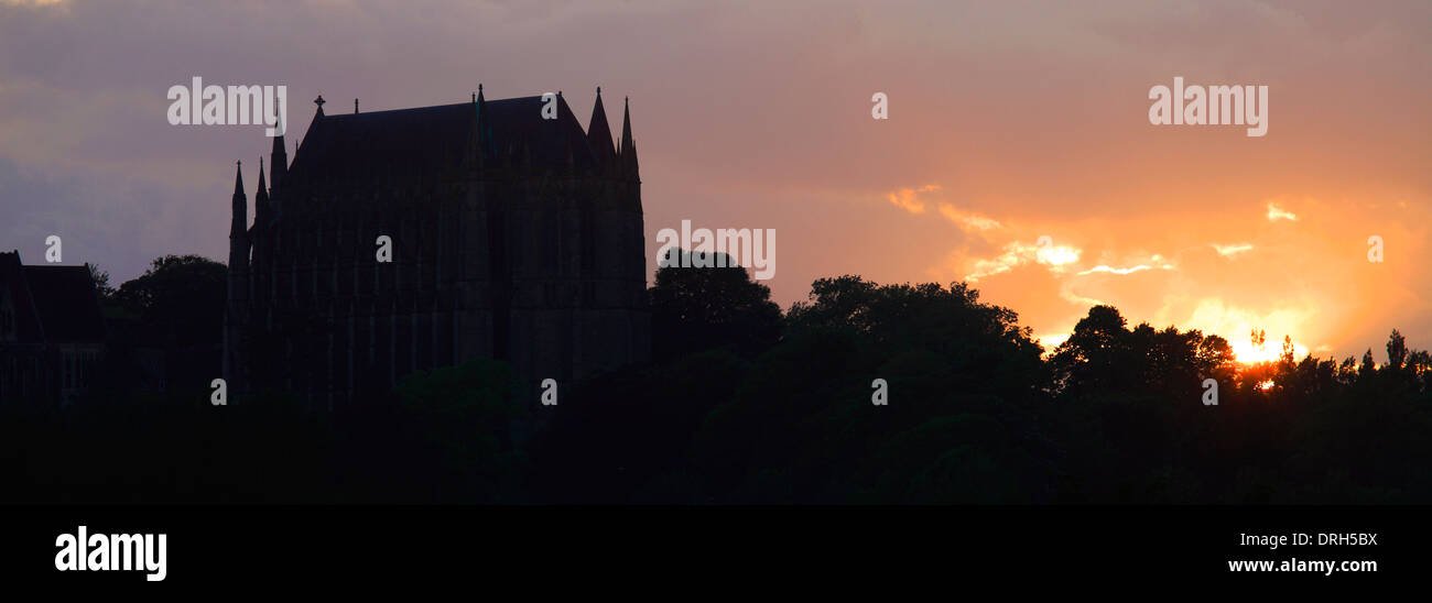 Summer sunset over Lancing College Chapel, Lancing village, South Downs ...