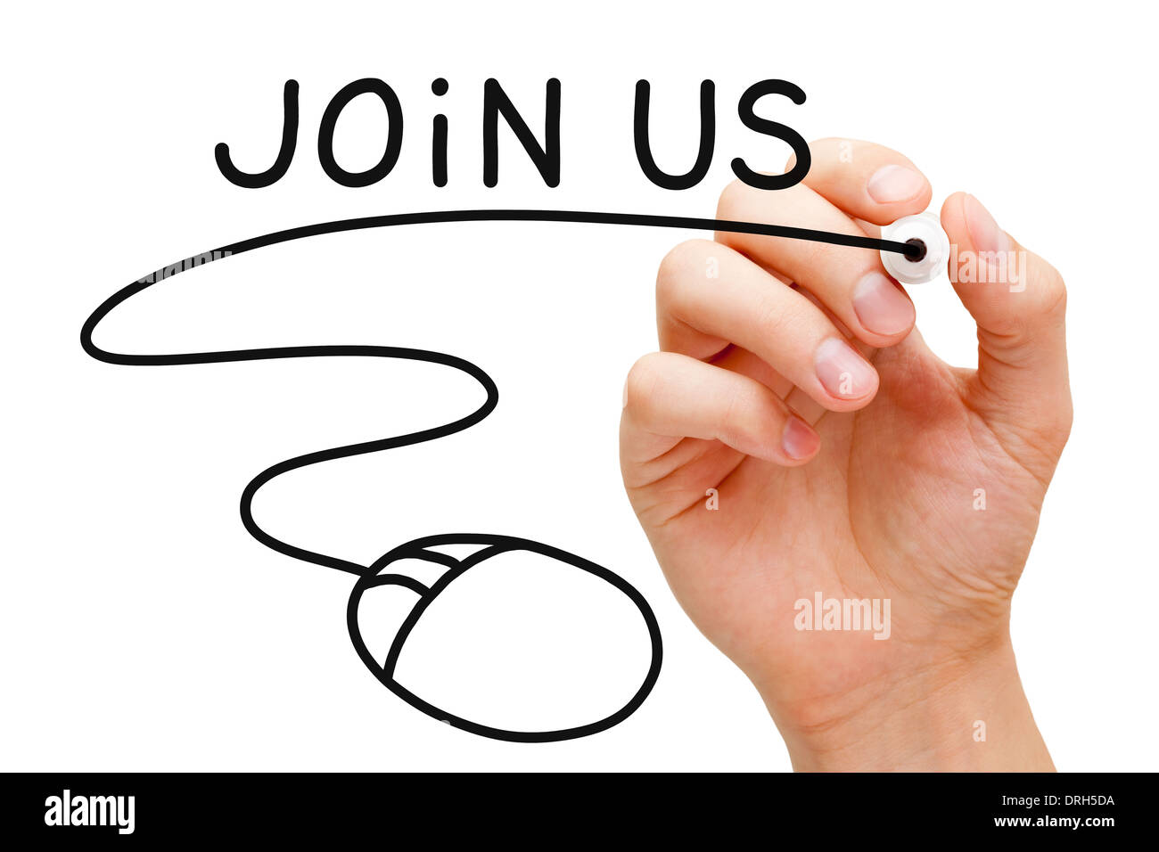 Hand sketching Join Us concept with black marker on transparent wipe ...