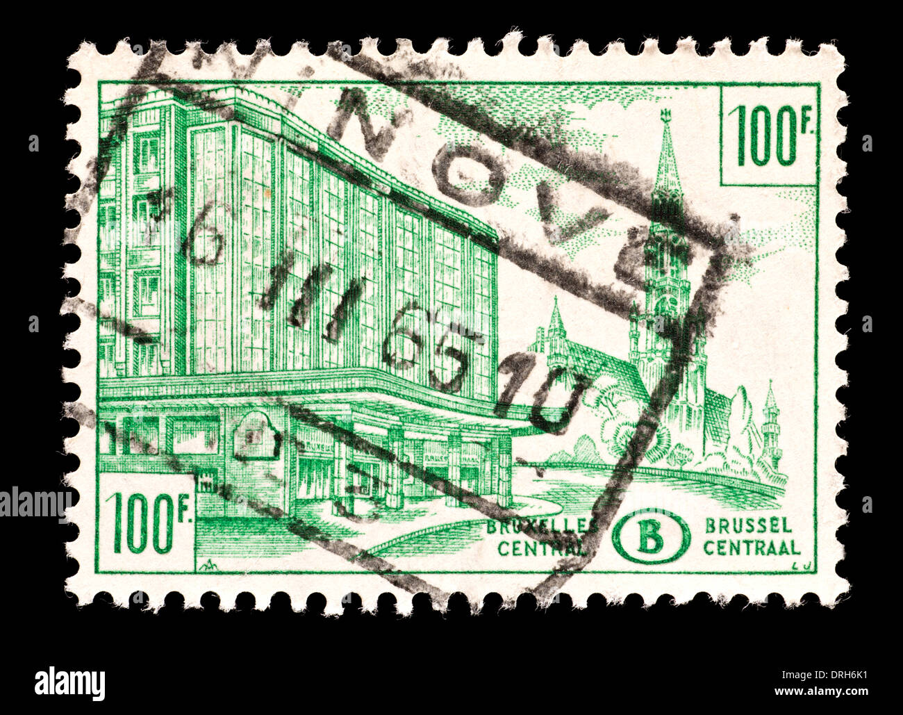Postage stamp from Belgium depicting the Brussels Central train station ...