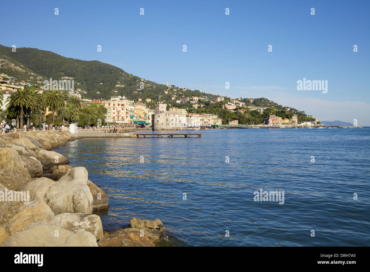 Coastline and harbour with Castello sur Mare in Rapallo, Genoa, Liguria ...