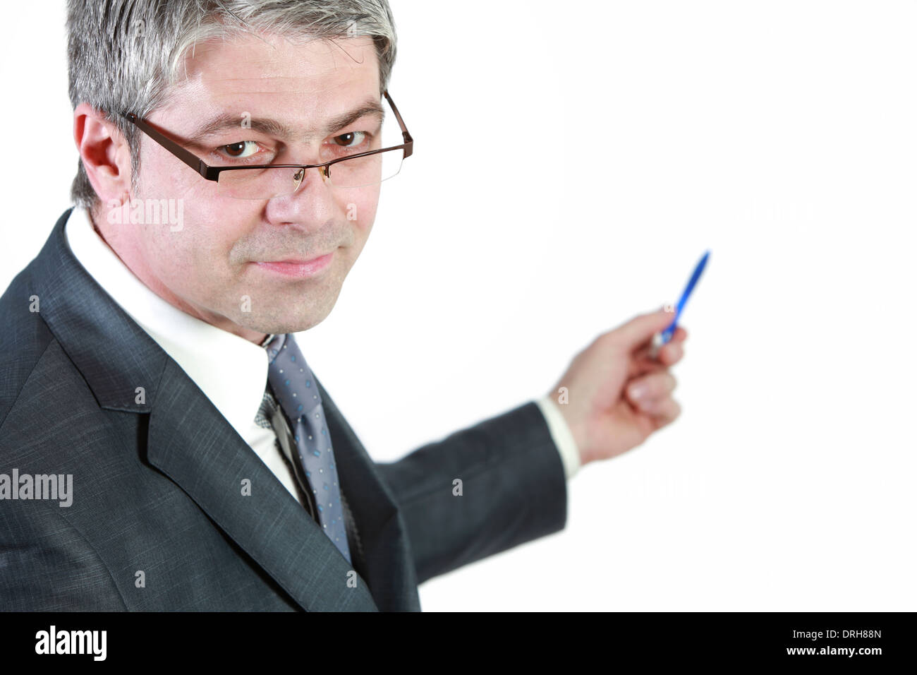 Businessman holding hand high to show something on a isolated white ...