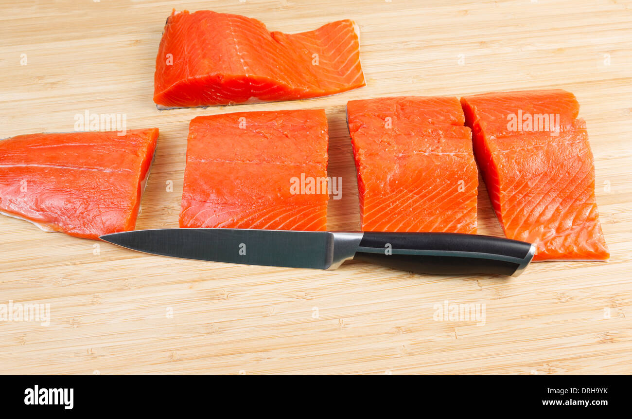 Horizontal photo of fresh Wild Red Salmon pieces from Fillet with ...